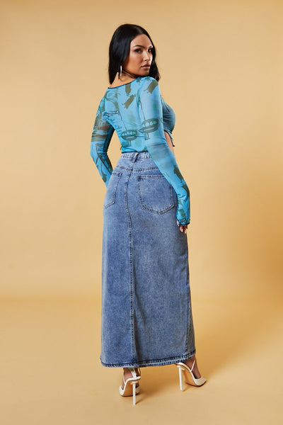 Blue Abstract Print Mesh Cropped Top | Tops | Rebellious Fashion