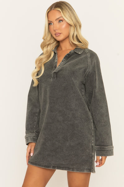 Grey Acid Wash Denim Mini Dress | Dresses | Rebellious Fashion