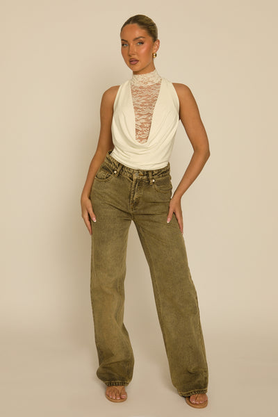 White Lace Drape Front Bodysuit | Bodysuits | Rebellious Fashion