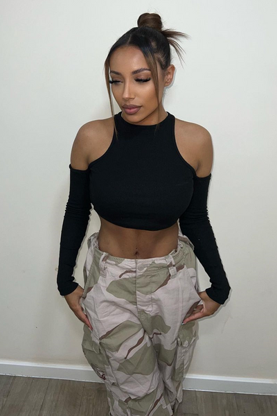 Black Ribbed Cut Out Shoulders Crop Top | Crop Tops | Rebellious Fashion