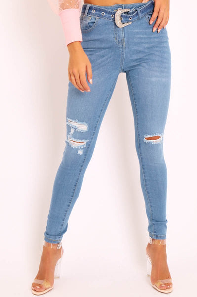 Blue Denim Ripped Buckle Belted Skinny Jeans - Suzie – Rebellious Fashion