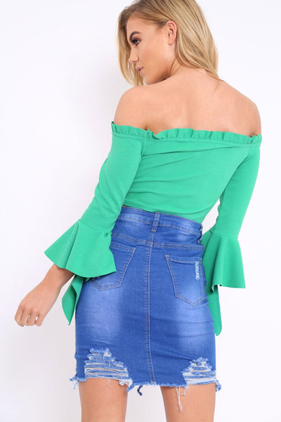 Green Bardot Frill Crop Top with Flared Sleeves - Tiffy – Rebellious ...