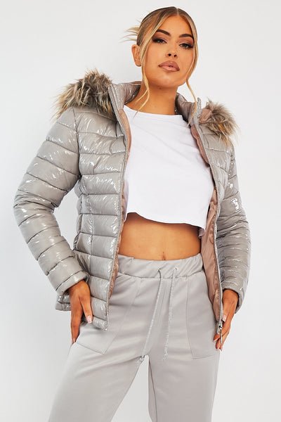 Grey Wet Look Women's Puffer Coat With Fur Lined Hood - Soph ...