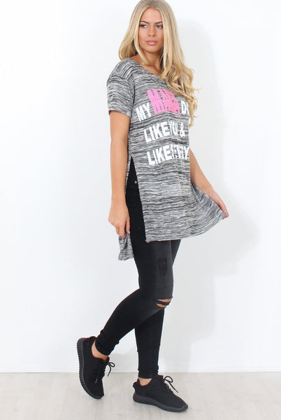 Justina Grey Slogan Side Split Top – Rebellious Fashion
