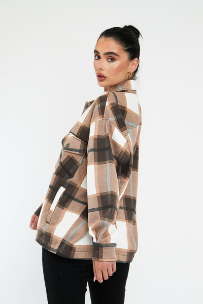 Beige Check Women's Shacket Oversized Fit | Shackets | Rebellious Fashion