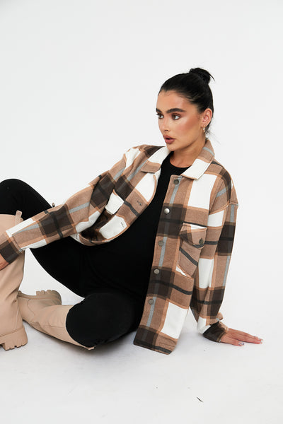Beige Check Women's Shacket Oversized Fit | Shackets | Rebellious Fashion