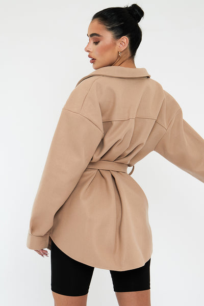 Beige Belted Pocket Front Shacket | Shackets | Rebellious Fashion