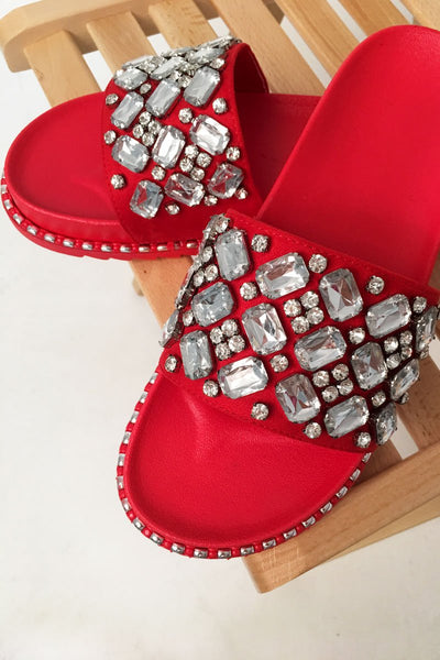 Red Faux Suede Jewel Sliders - Cosette – Rebellious Fashion