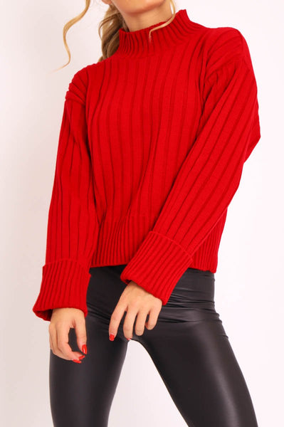 Red Knit High Neck Jumper - Jaelynn – Rebellious Fashion