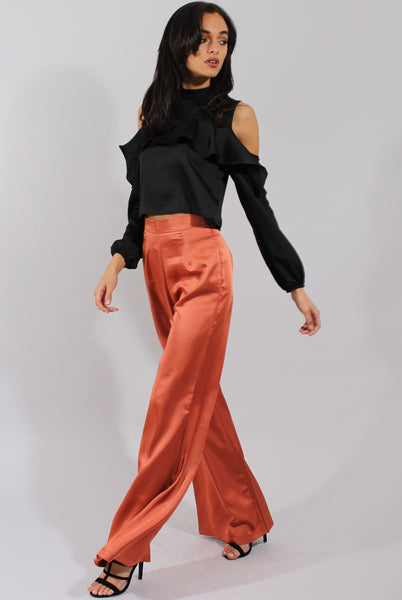 Rust High Waisted Satin Trousers - Alexia – Rebellious Fashion