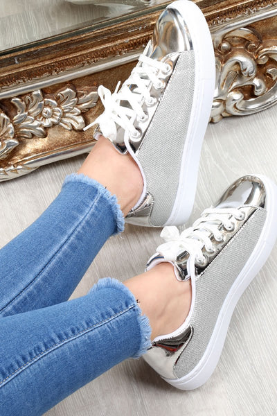 Silver Glittery Shiny Trainers - Jessie – Rebellious Fashion