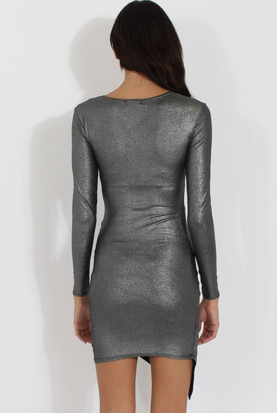 Silver Metallic Wrap Side Ruched Dress - Harlie – Rebellious Fashion