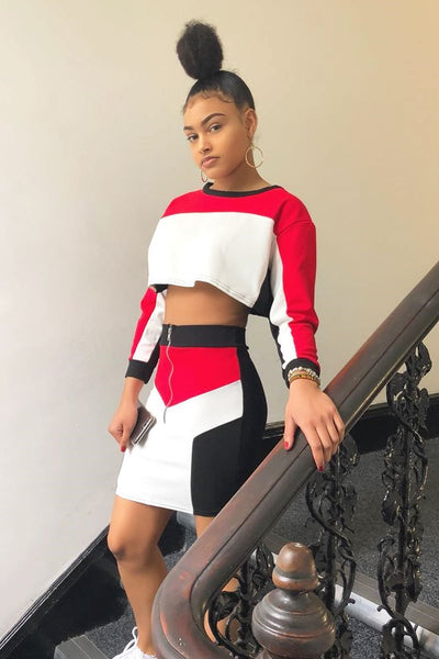 White Red and Black Colour Block Crop Top and Skirt Co-ord - Dyana ...