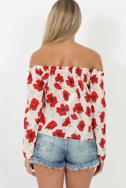 White and Red Floral Bardot Three Quarter Bell Sleeve Crop- Chantelle ...