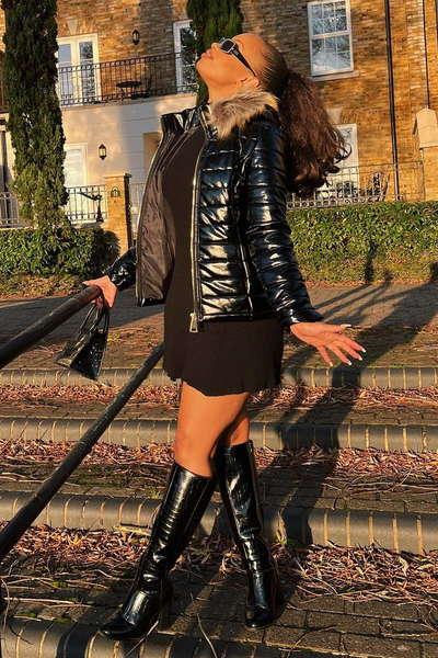 Black Wet Look Women's Puffer Coat With Fur Lined Hood - Soph ...